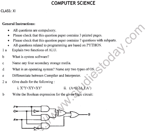 Cbse Class 11 Computer Science Question Paper Set P Solved